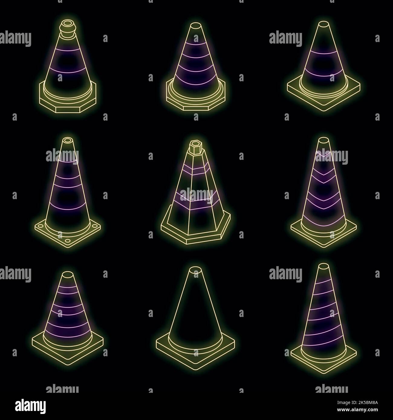 Cone traffic icon set. Isometric set of cone traffic vector icons neon ...