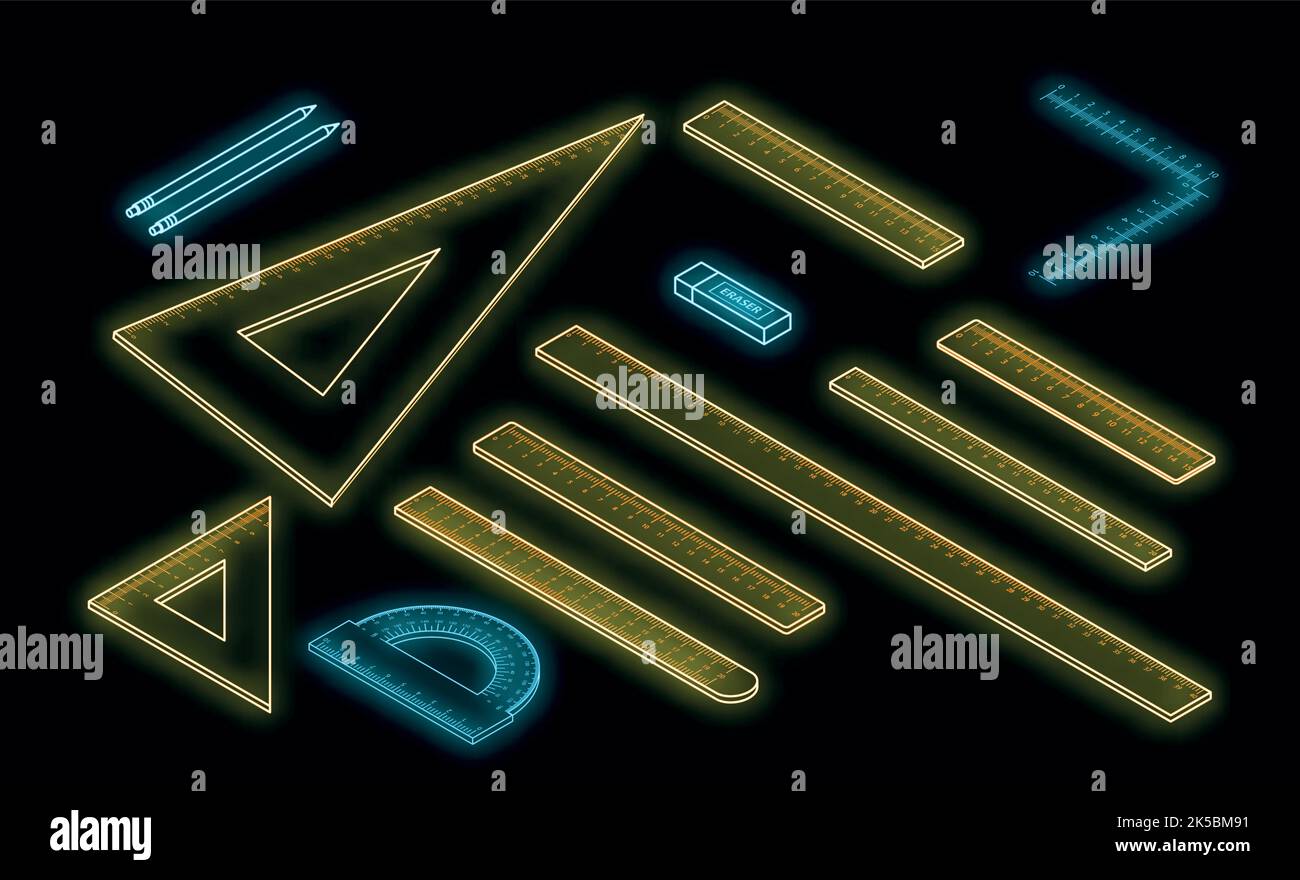 Ruler icon set. Isometric set of ruler vector icons neon on black Stock ...