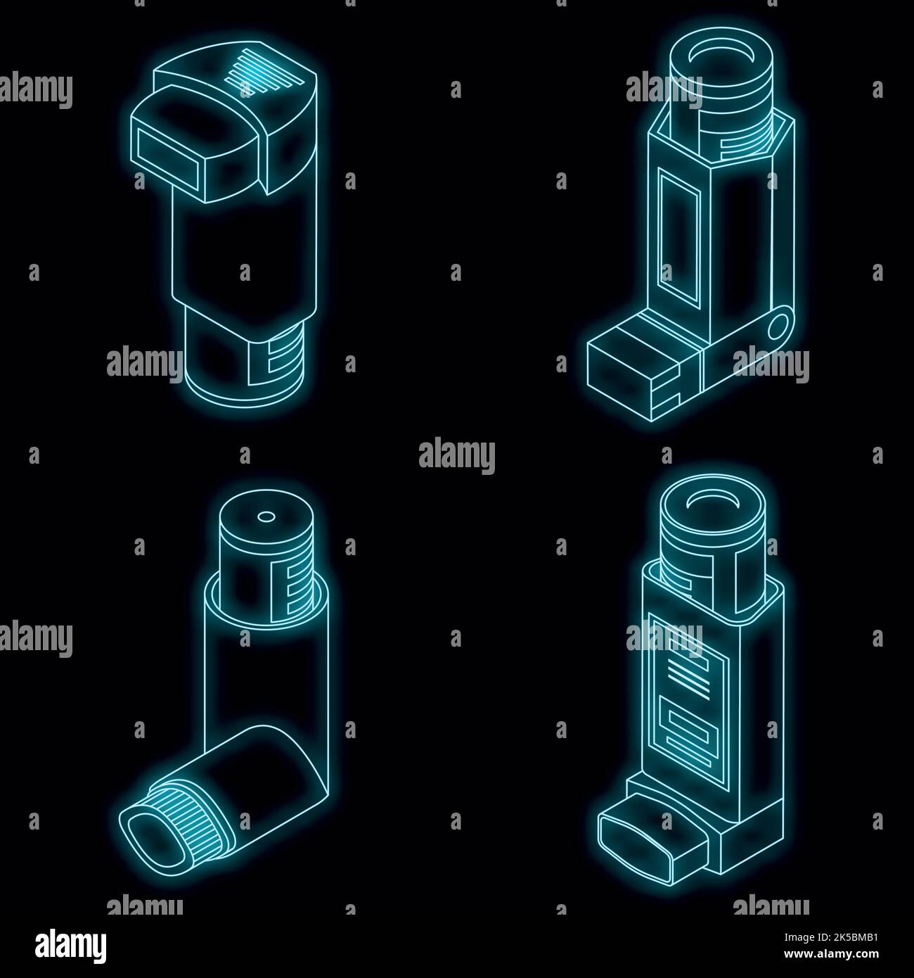 Inhaler icon set. Isometric set of inhaler vector icons neon on black ...