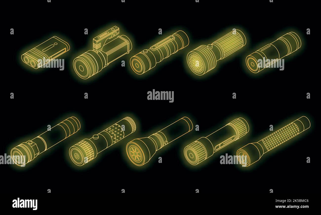 Flashlight icons set. Isometric set of flashlight vector icons neon on ...