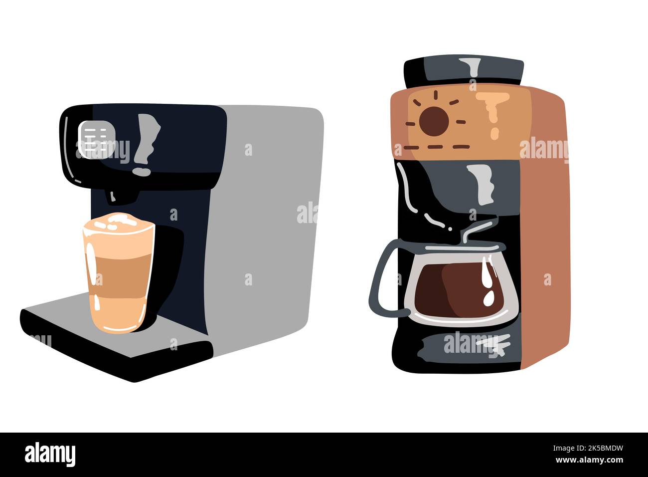 set of Coffee machine flat illustration. Front view of coffee machine ...