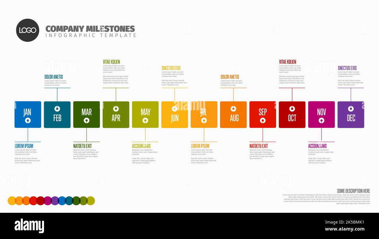 Full year timeline template with all rainbow colored months on a ...