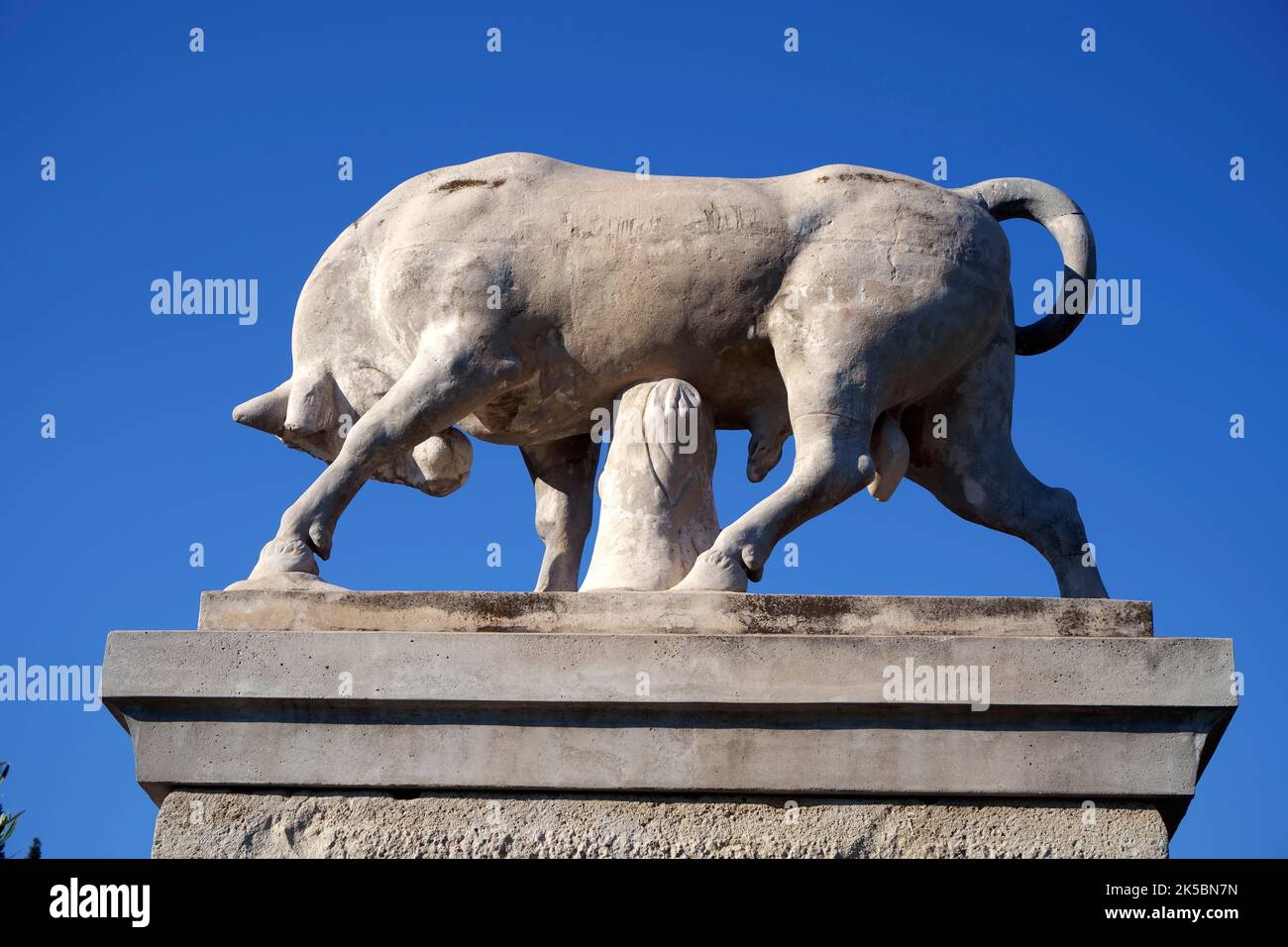 Statue of a bull at the Street of Tombs in Archaeological site of ...