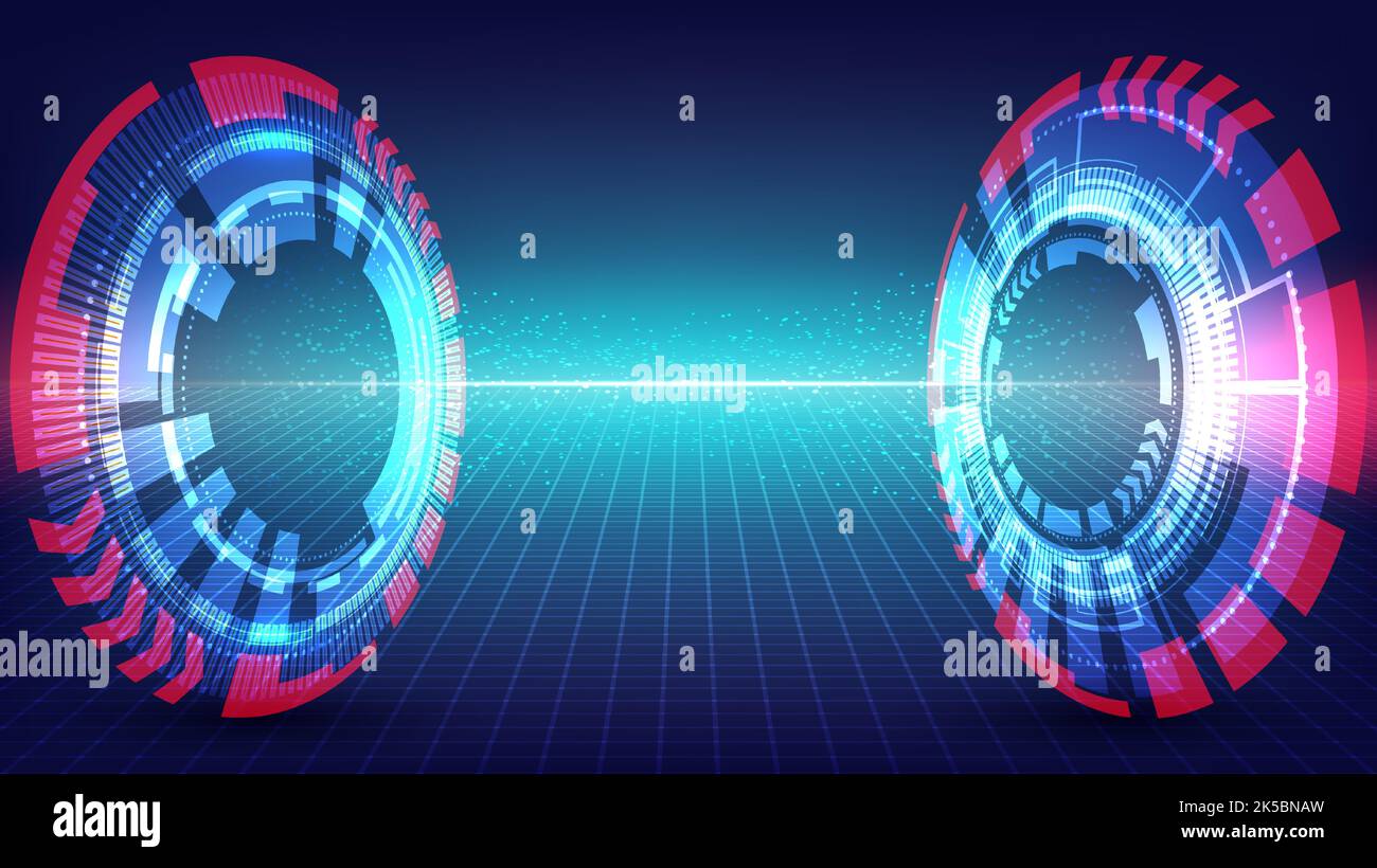 Abstract technology digital futuristic transfer big data concept blue HUD tunnel with lighting ...