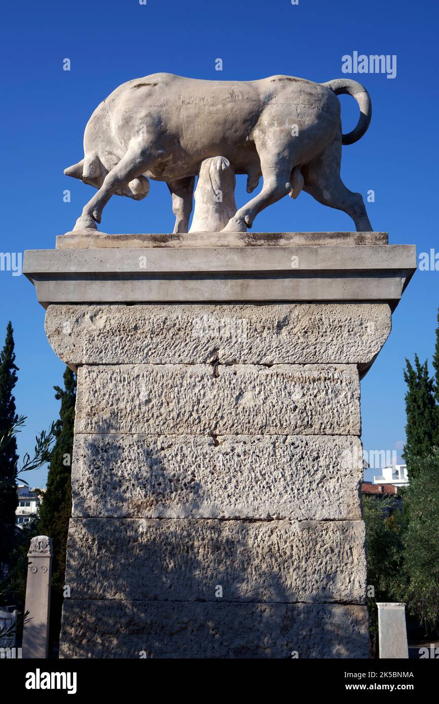 Statue of a bull at the Street of Tombs in Archaeological site of ...