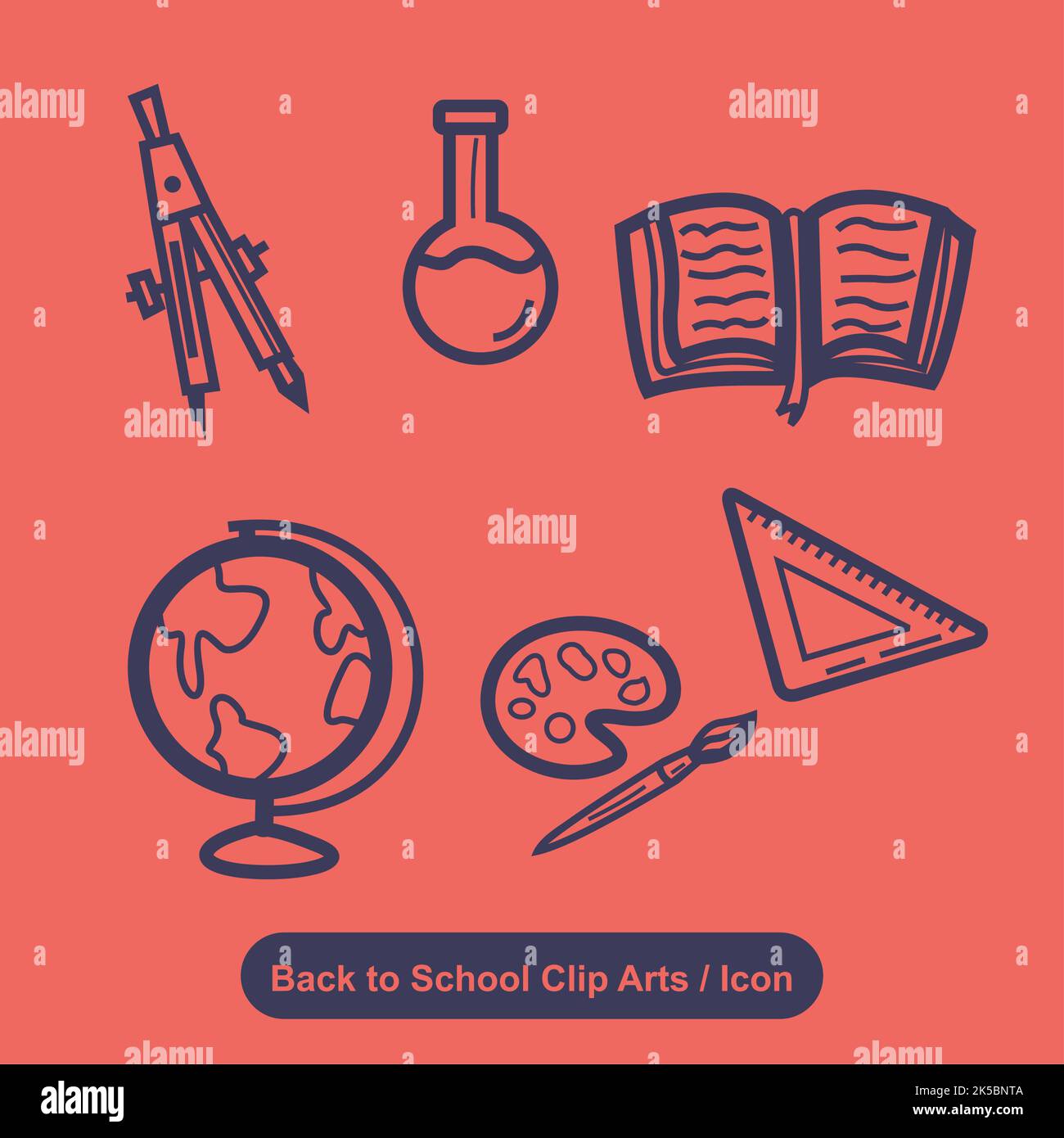 A simple line clip art of back-to-school icons on a red background ...