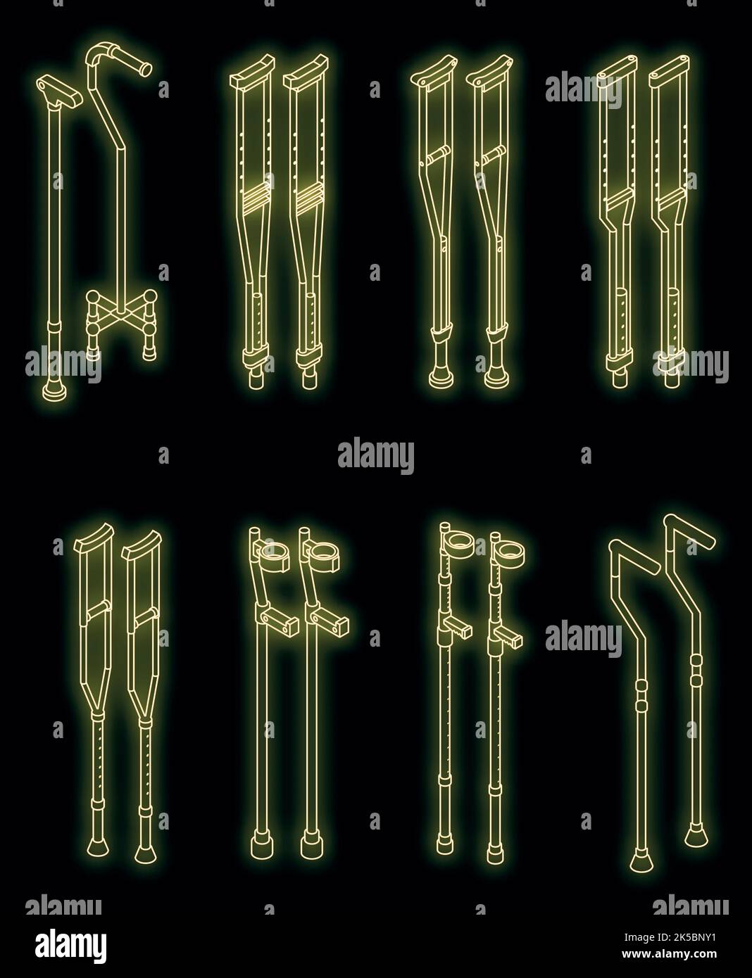Crutches icon set. Isometric set of crutches vector icons neon on black ...