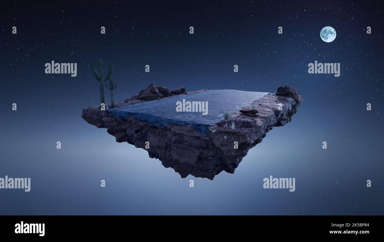The floating desert island with asphalt road, cactus at moon night ...