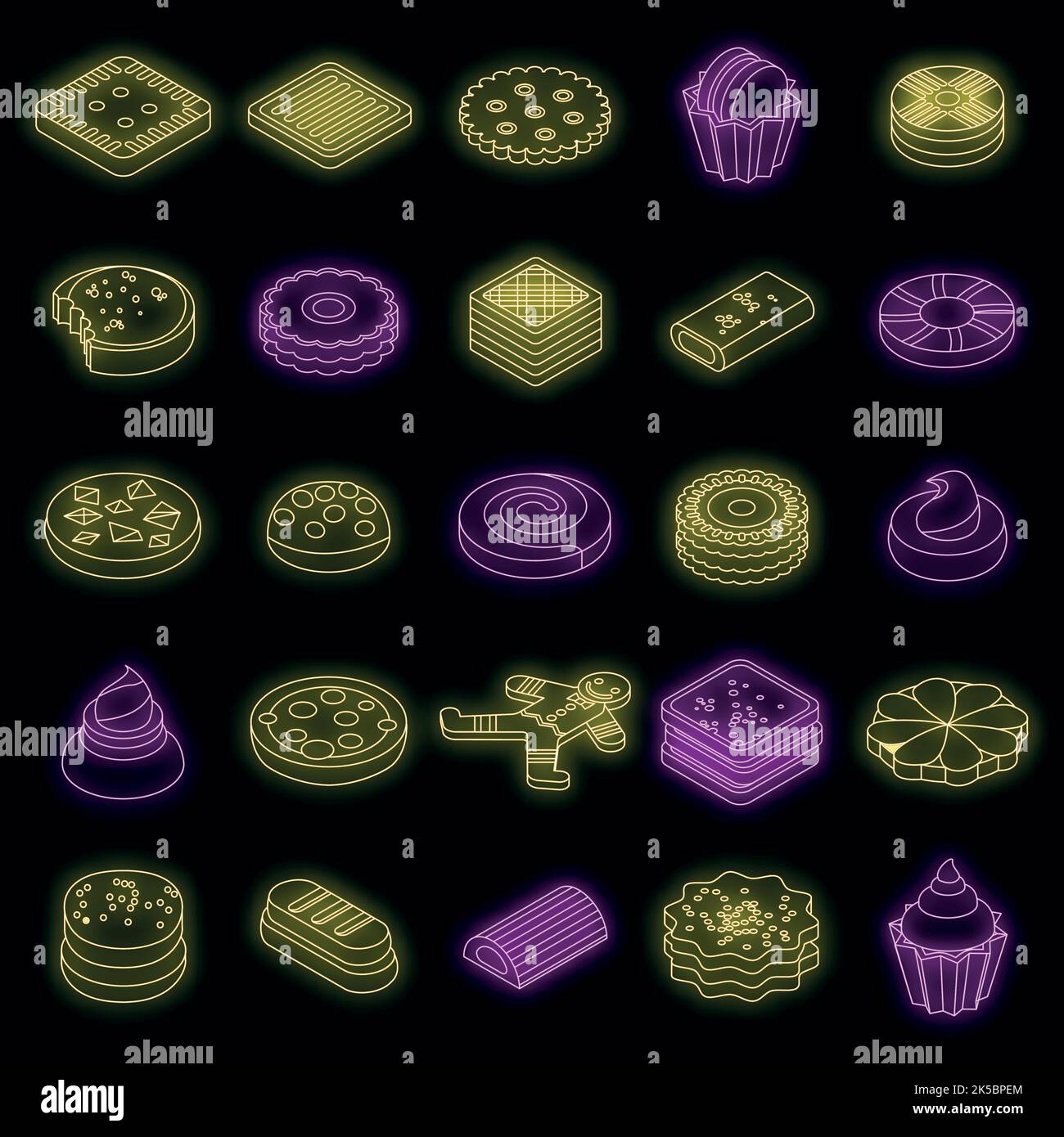 Cookies icon set. Isometric set of cookies vector icons neon on black ...