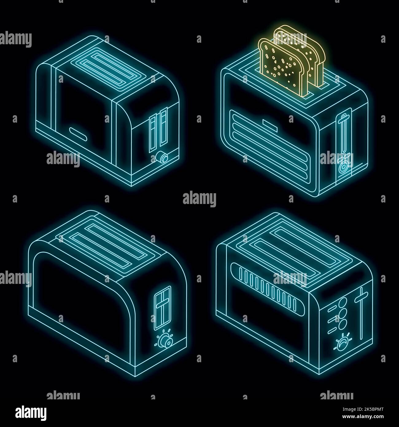 Toaster icon set. Isometric set of toaster vector icons neon on black ...