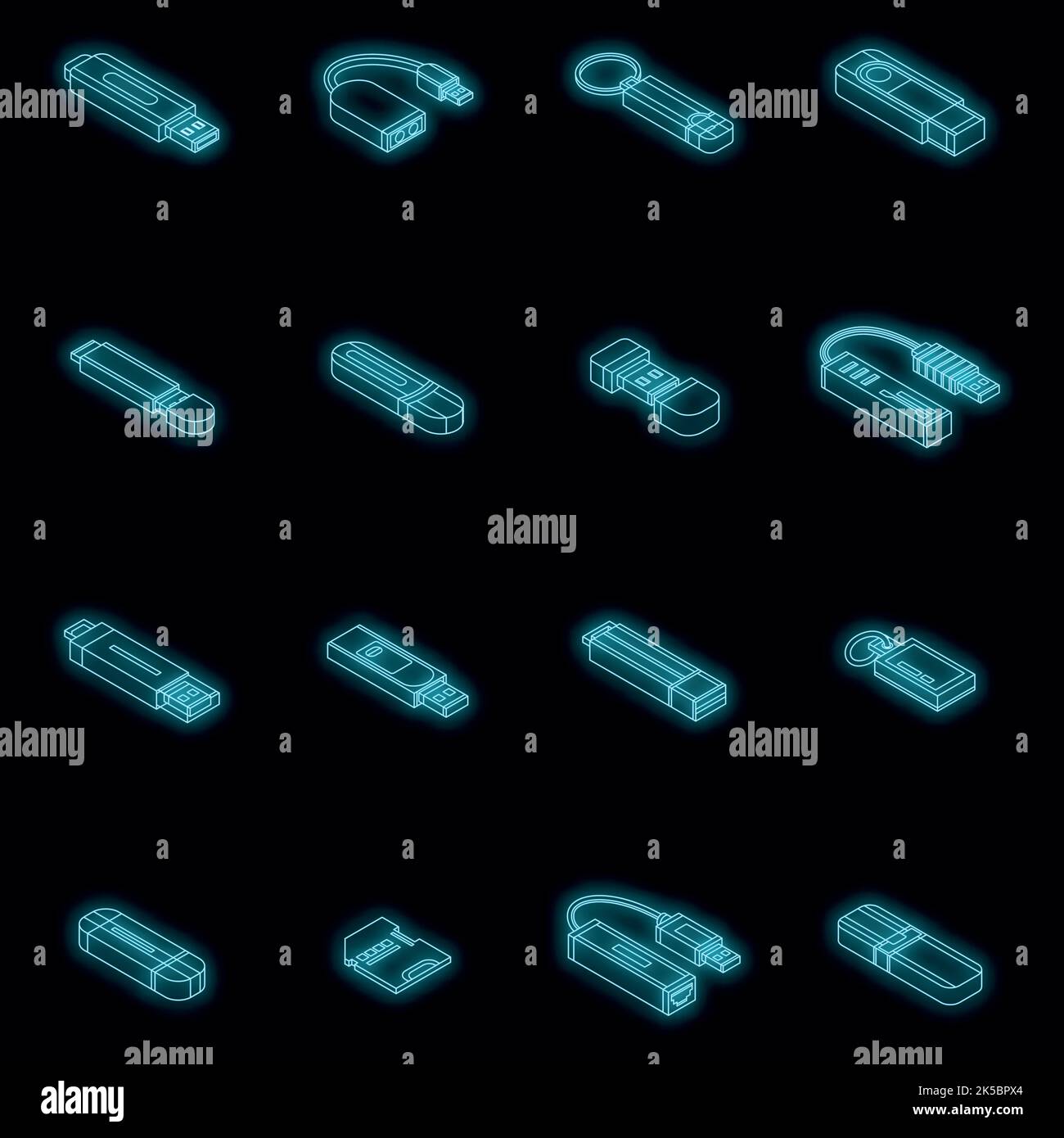 Flash drive icon set. Isometric set of flash drive vector icons neon on ...
