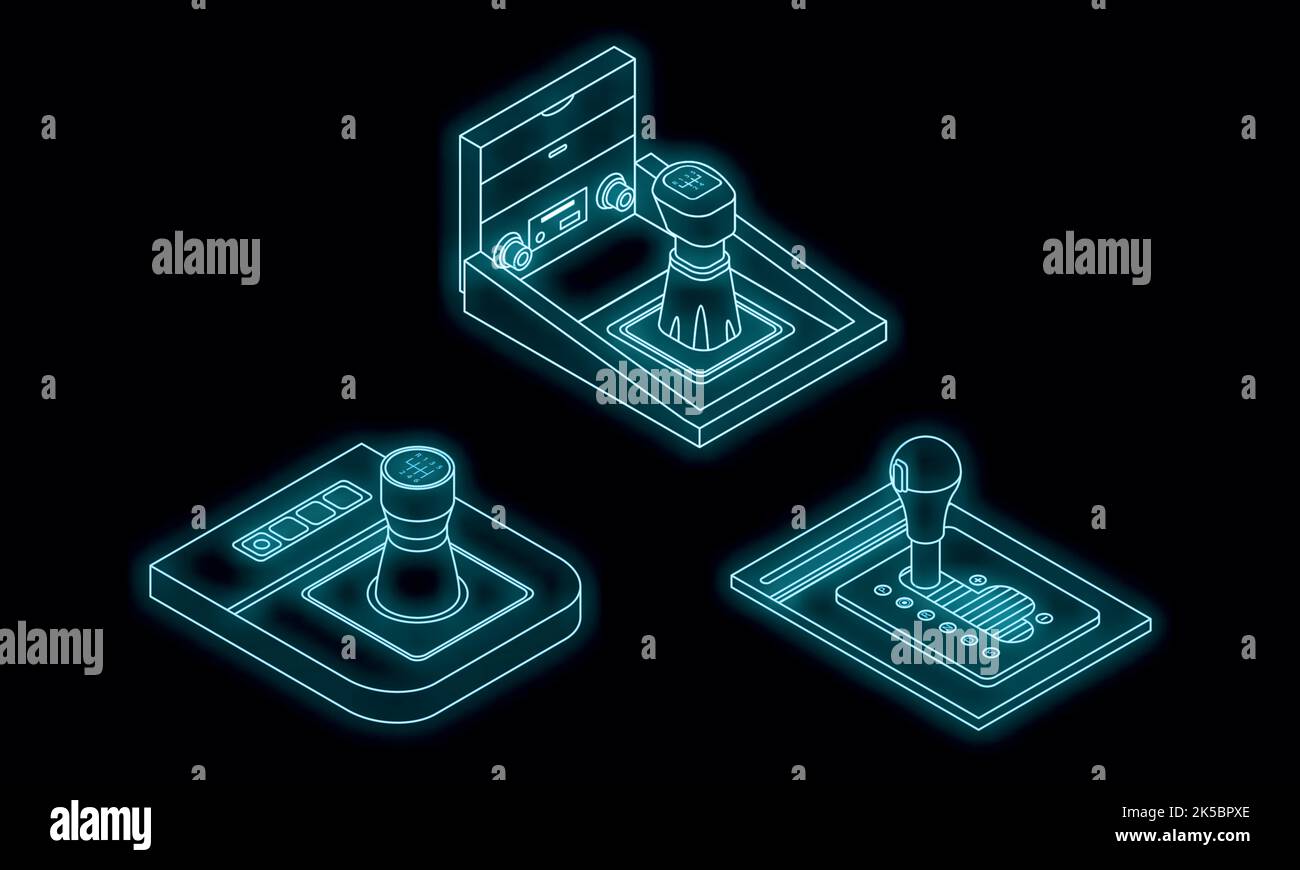 Gearbox icons set. Isometric set of gearbox vector icons neon on black ...