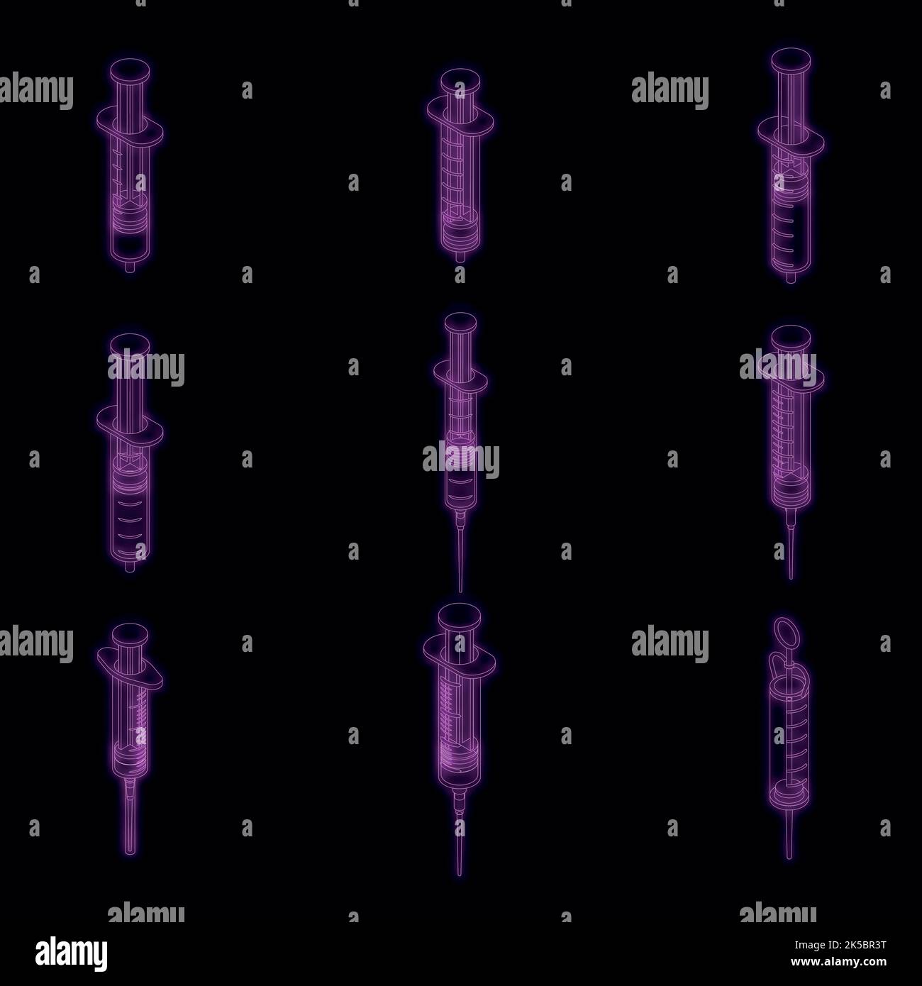 Syringe icon set. Isometric set of syringe vector icons neon on black ...