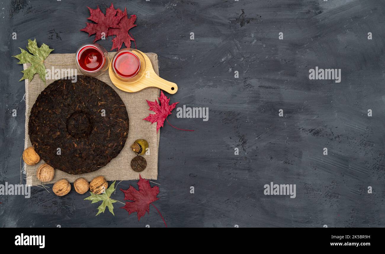 Traditional Chinese Puer tea, dry the tea. Topview, tea ceremony, black ...