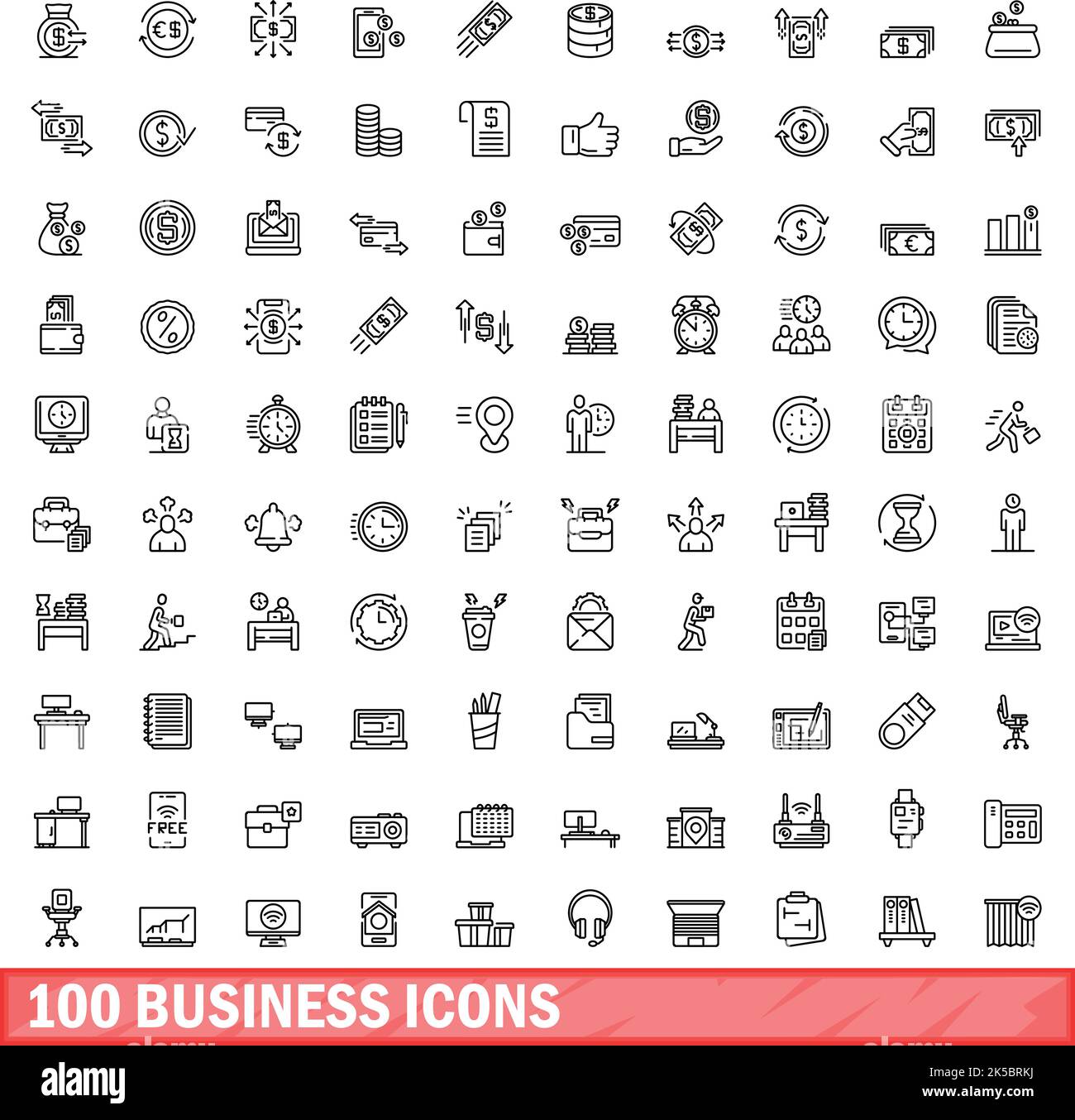 100 business icons set. Outline illustration of 100 business icons ...