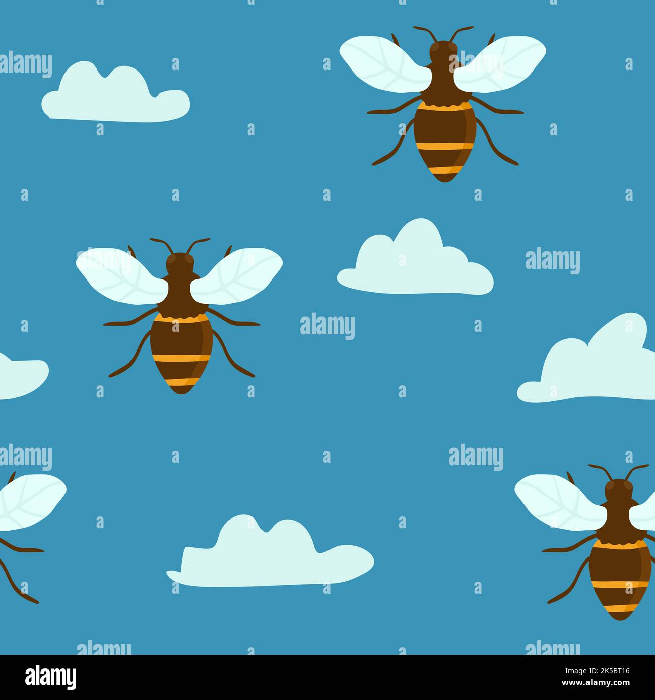 Vector seamless pattern with flying cartoon bees and flowers background ...