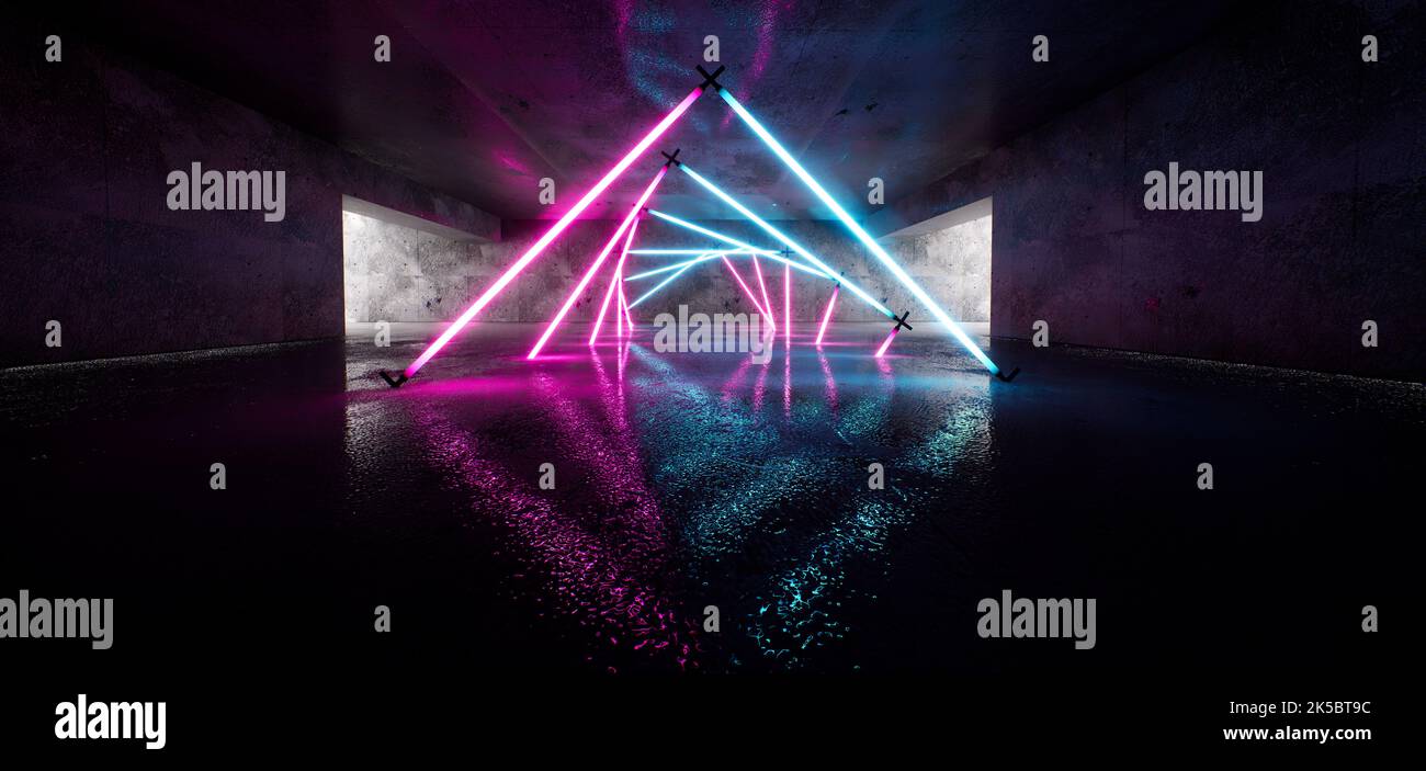 Grunge industrial concrete building interior with violet and blue neon ...