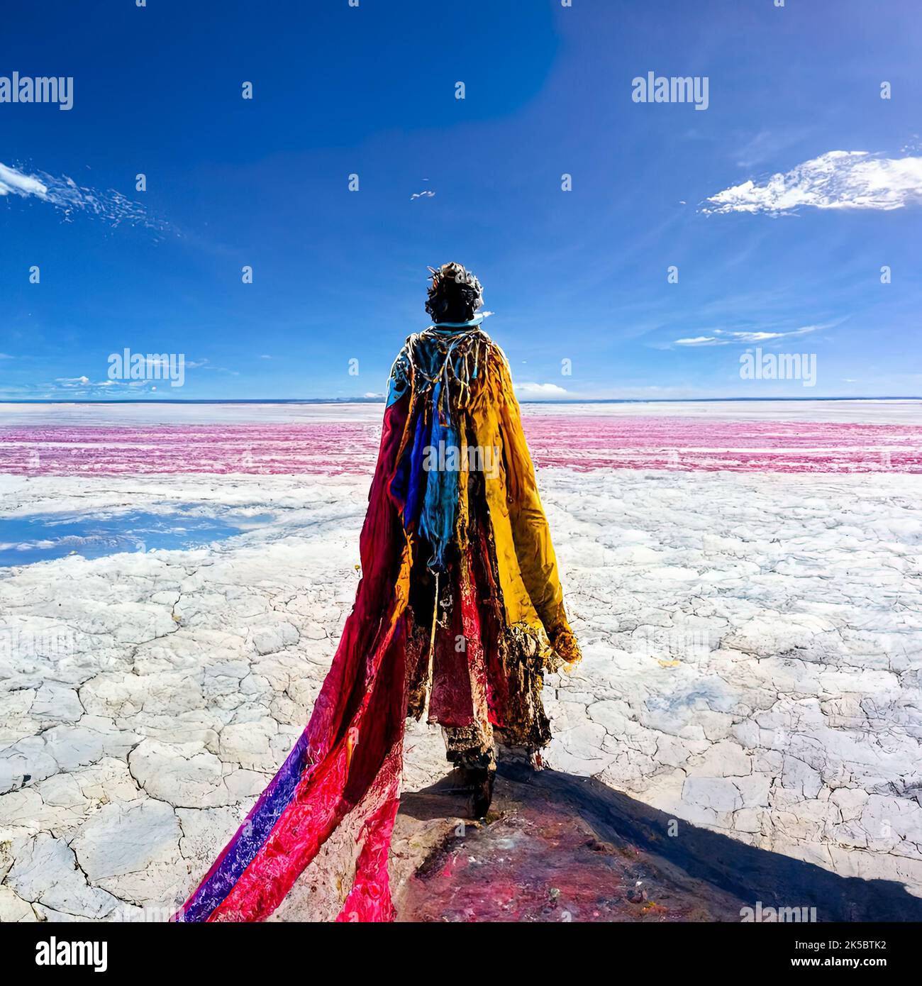 A back view of a mysterious person in colorful clothes walking in the ...