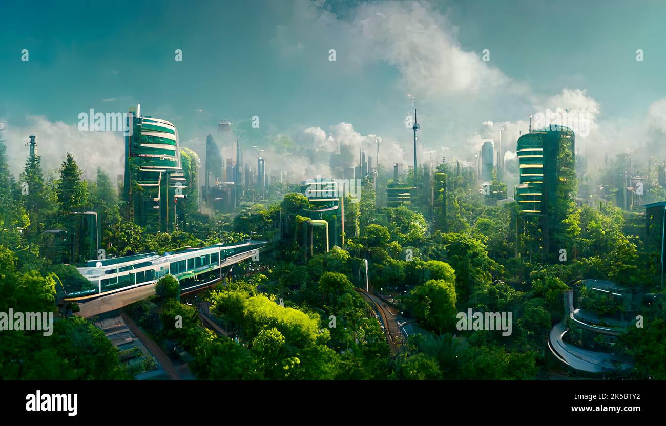 A green land with modern buildings and trains in the future Stock Photo ...