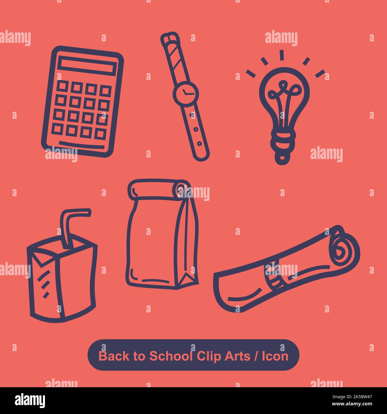 A simple line clip art of back-to-school icons on a red background ...
