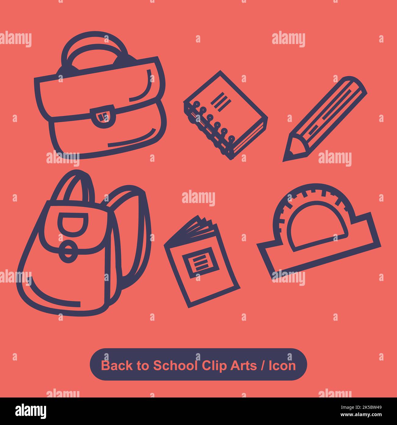 A simple line clip art of back-to-school icons on a red background ...