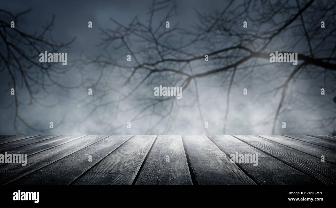 Spooky misty horror Halloween background with empty wooden planks, for ...