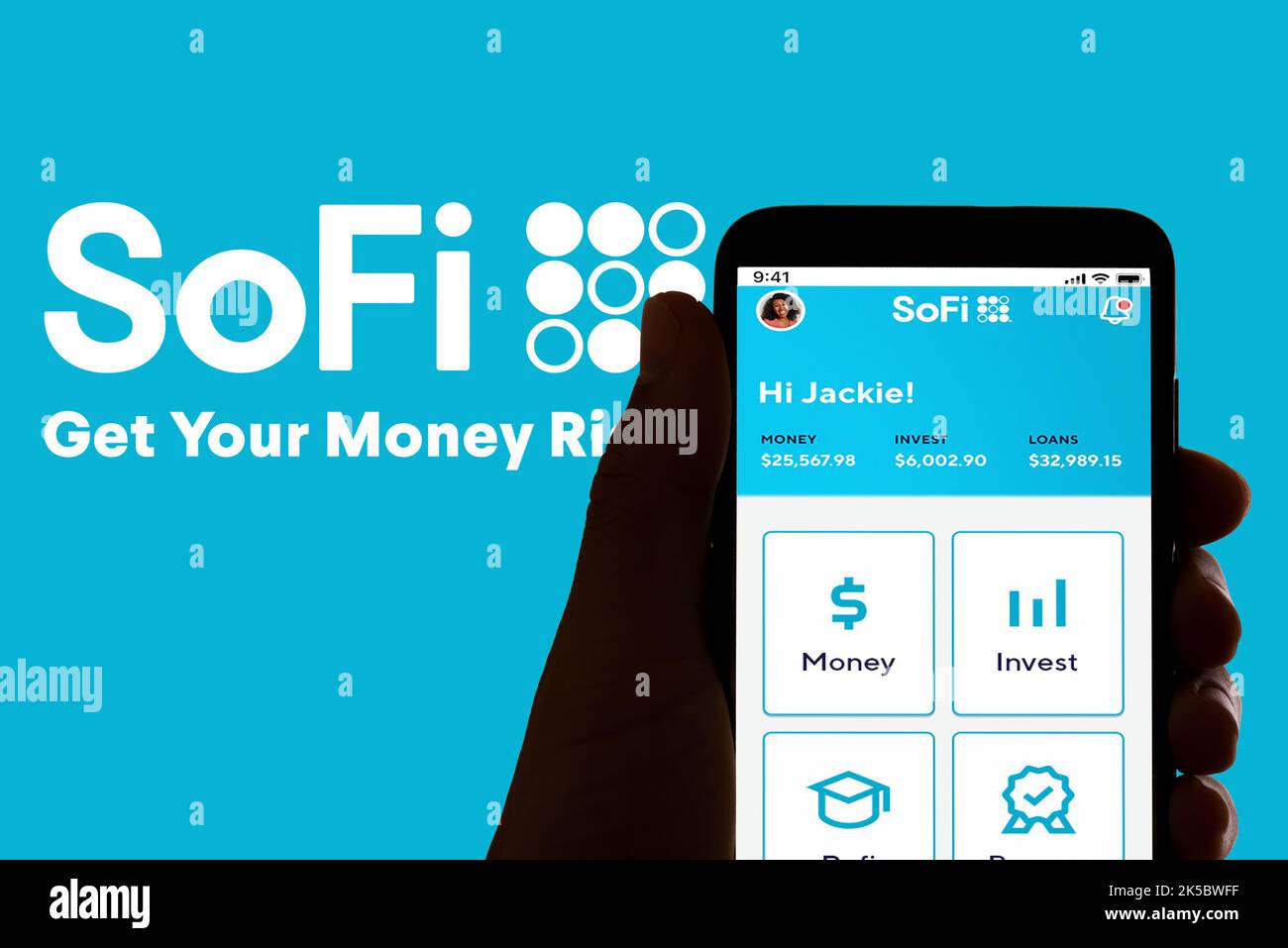 In this photo illustration the online payment and banking app SoFi logo ...