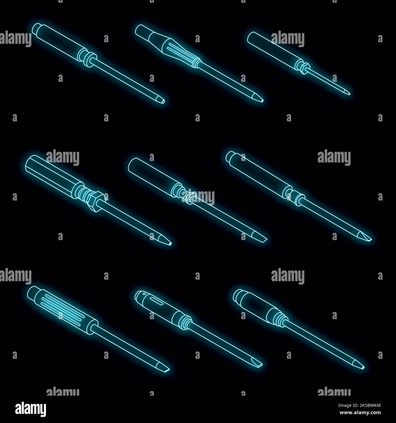Screwdriver icons set. Isometric set of screwdriver vector icons neon ...