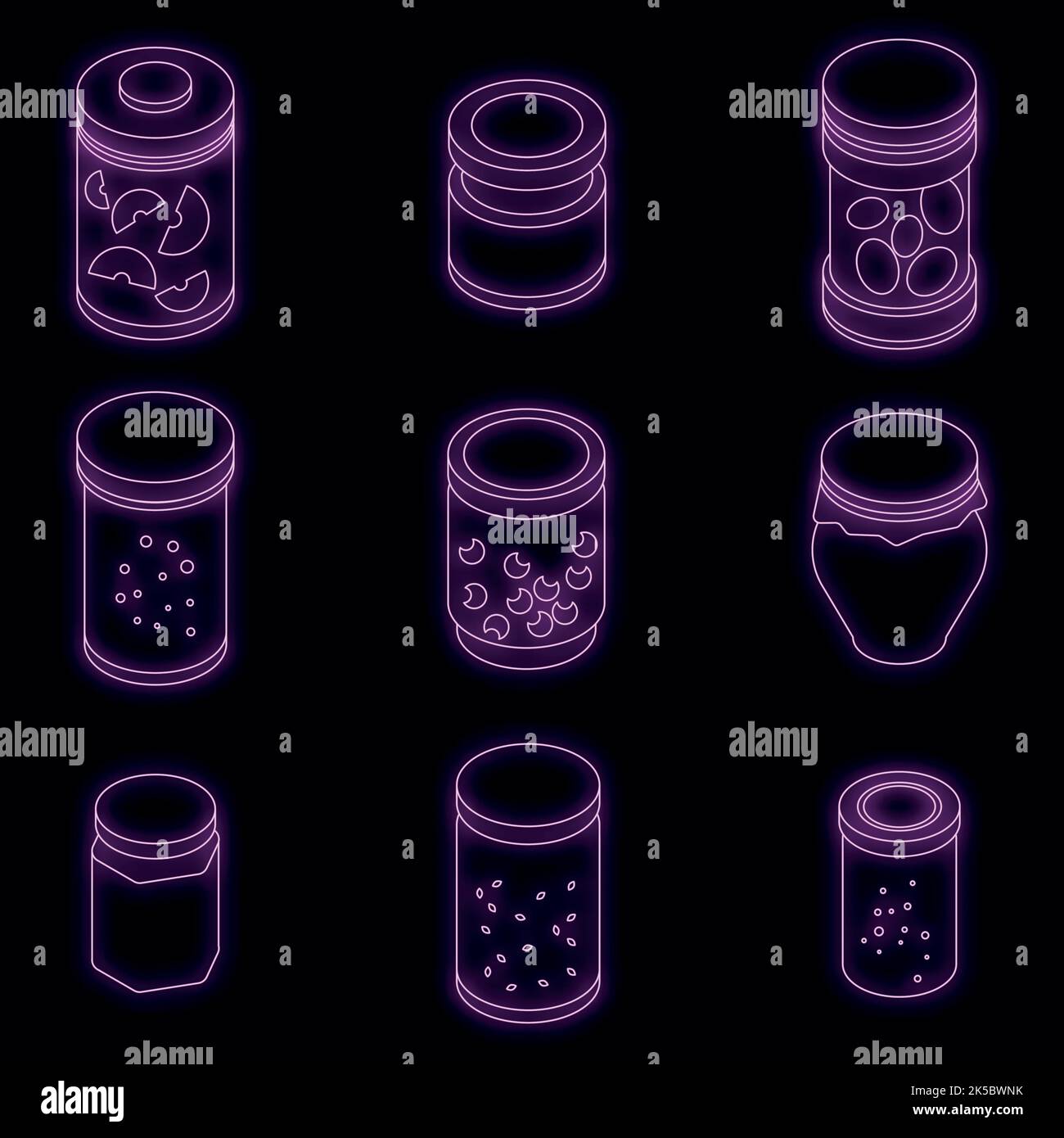 Jam jar icons set. Isometric set of jam jar vector icons neon on black ...