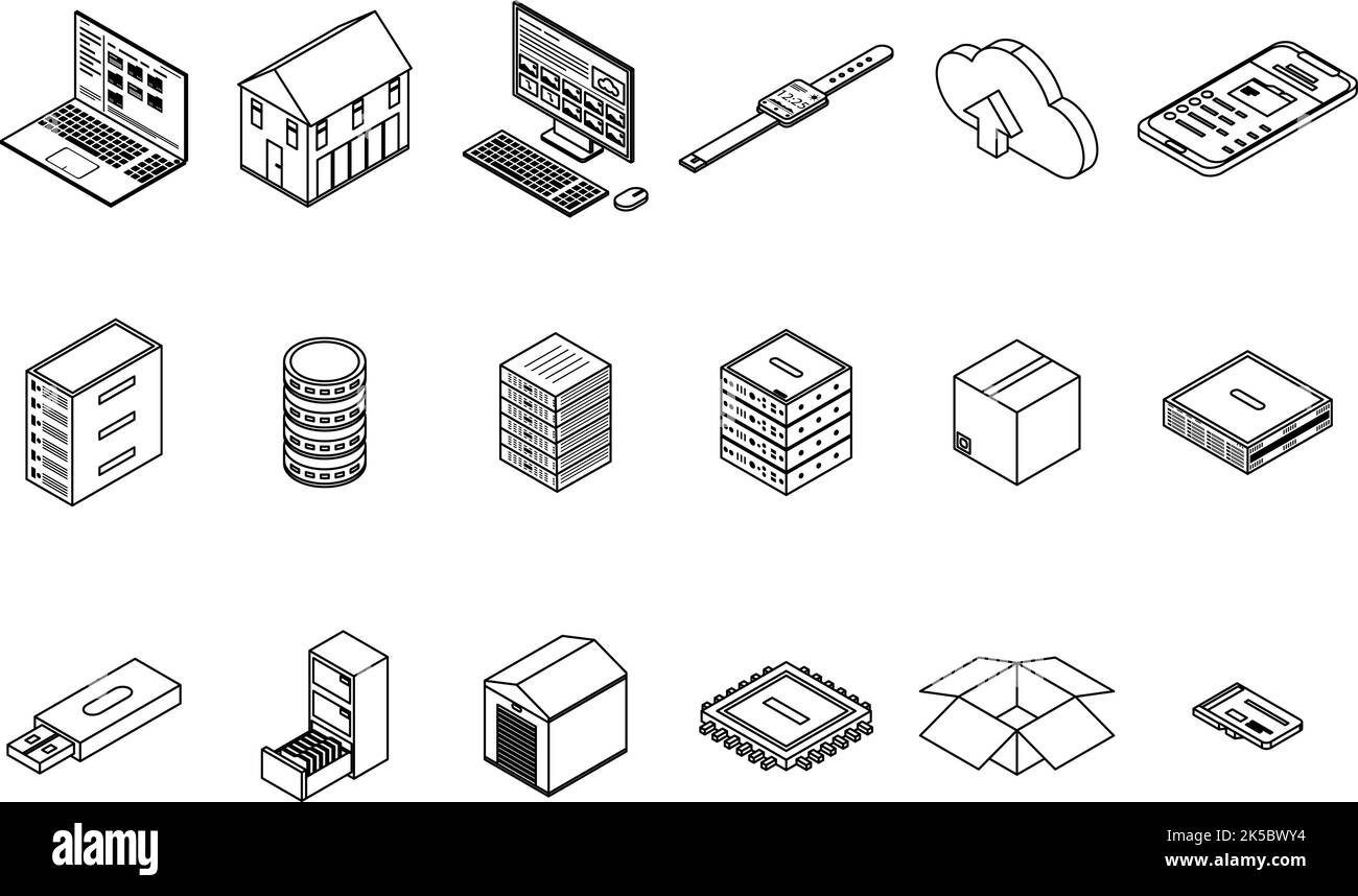 Storage icons set. Isometric set of storage vector icons thin line ...