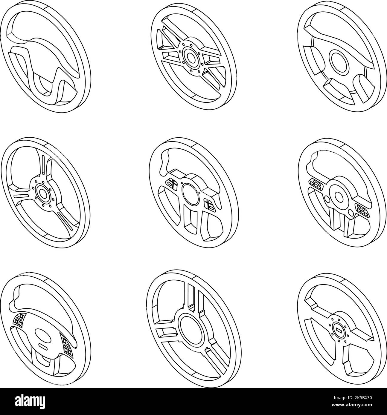 Steering wheel icons set. Isometric set of steering wheel vector icons ...