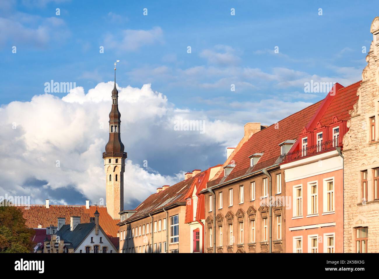Picturesque Tallinn Town Hall tower and close-up on historic facades of ...