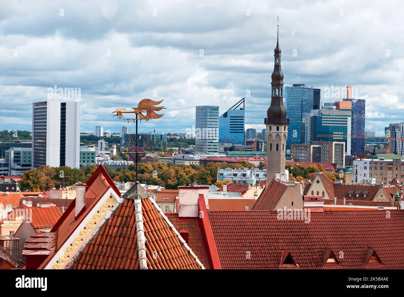 Bird view of historic city center of Tallinn, Estonia and modern town ...