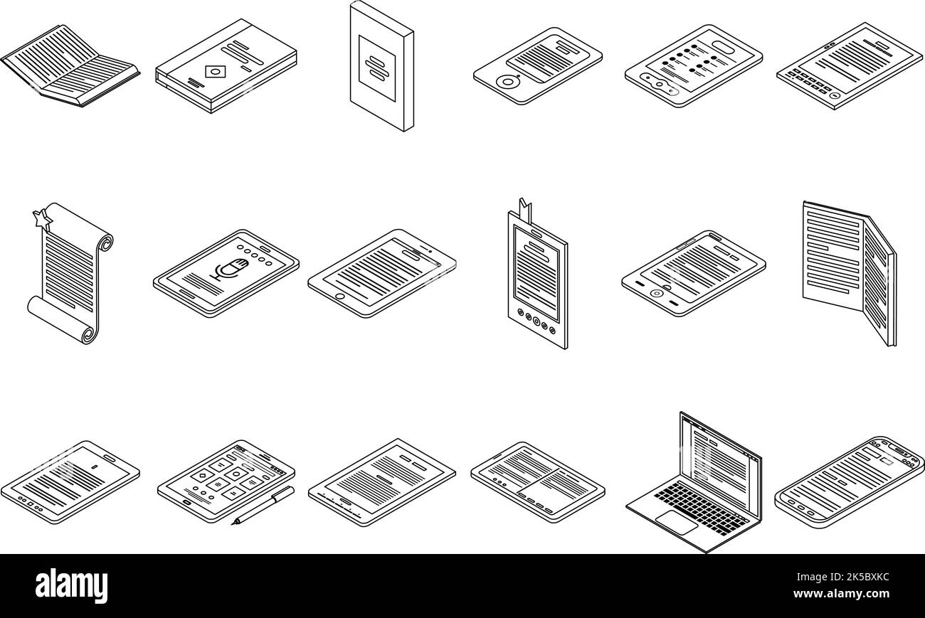 E-book application icons set. Isometric set of e-book application ...