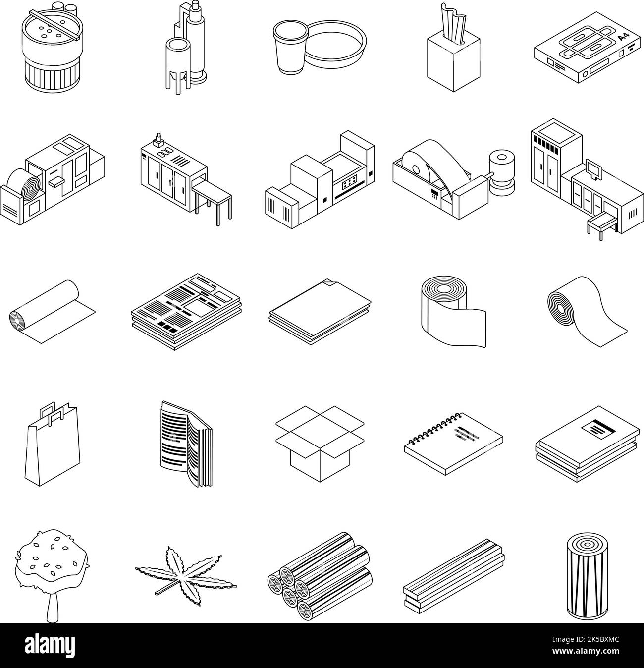 Paper production icons set. Isometric set of paper production vector ...