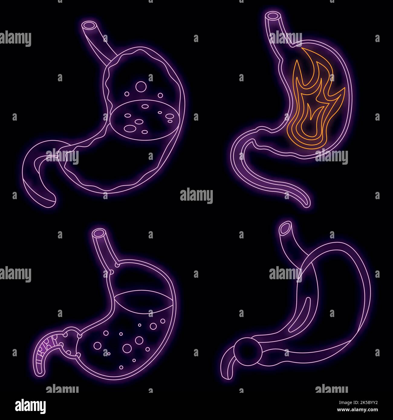 Stomach icons set. Isometric set of stomach vector icons neon on black ...