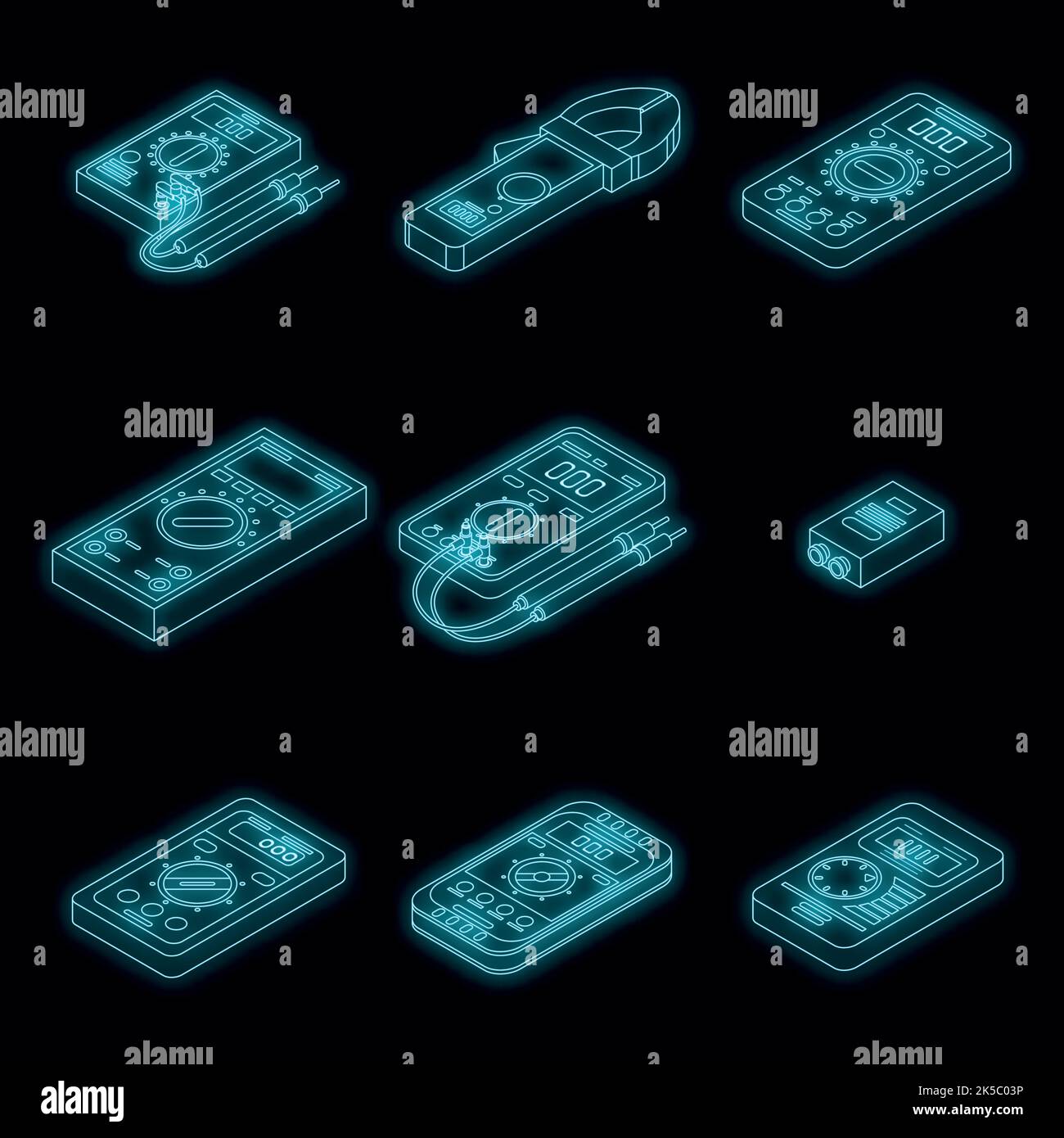 Multimeter icons set. Isometric set of multimeter vector icons neon on ...