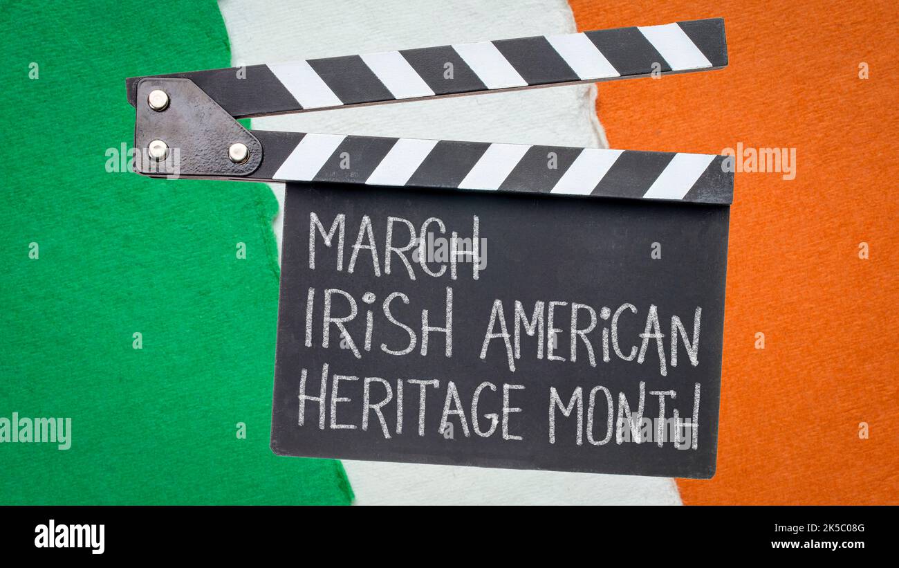 March Irish American Heritage Month, white chalk handwriting on a ...