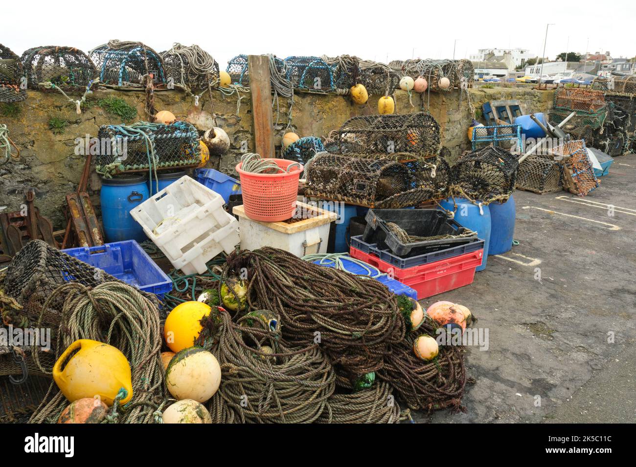 a harbour scene with fishing tackle in Port St Mary, Isle of Man Stock ...