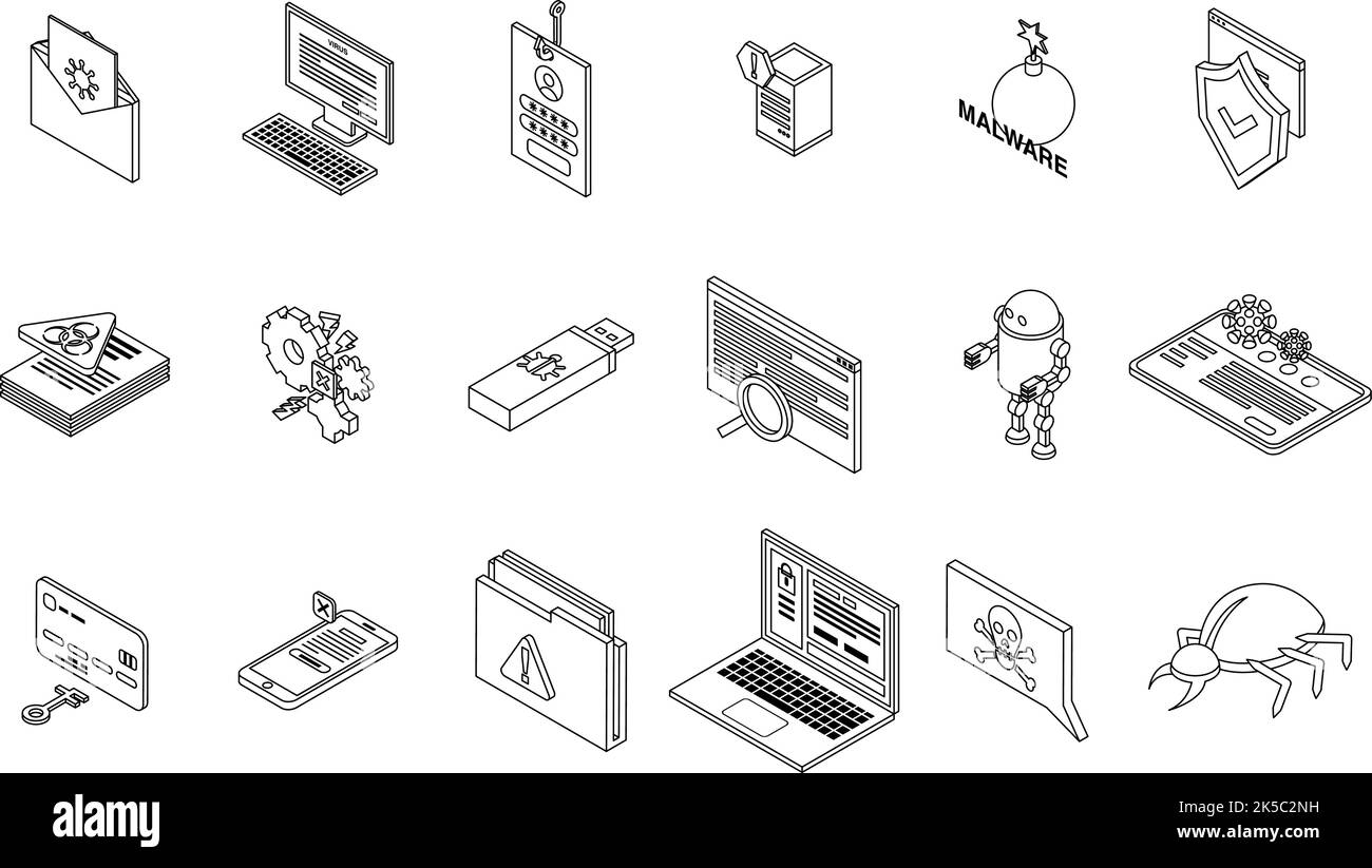 Malware icons set. Isometric set of malware vector icons thin line ...