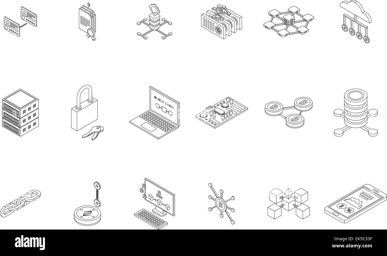 Block chain icons set. Isometric set of block chain vector icons thin line outline on white ...
