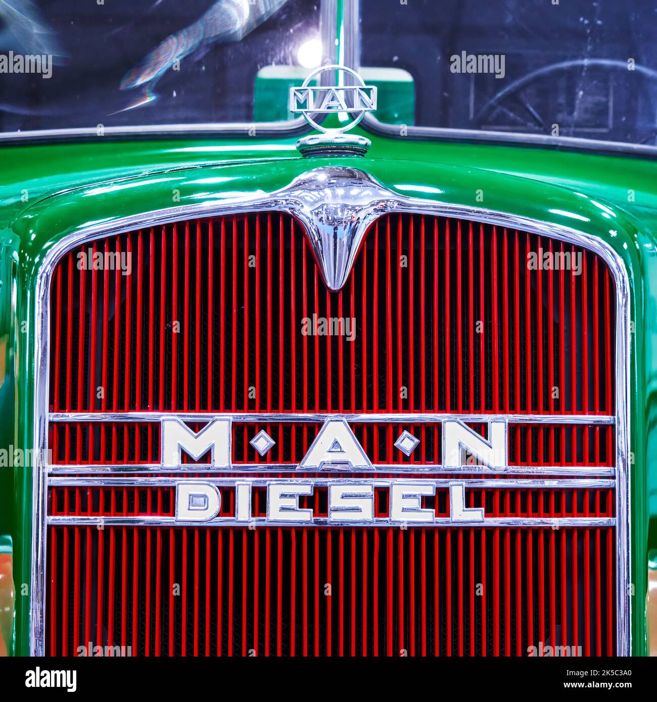 MAN Diesel truck, front view of the radiator of the historical truck ...