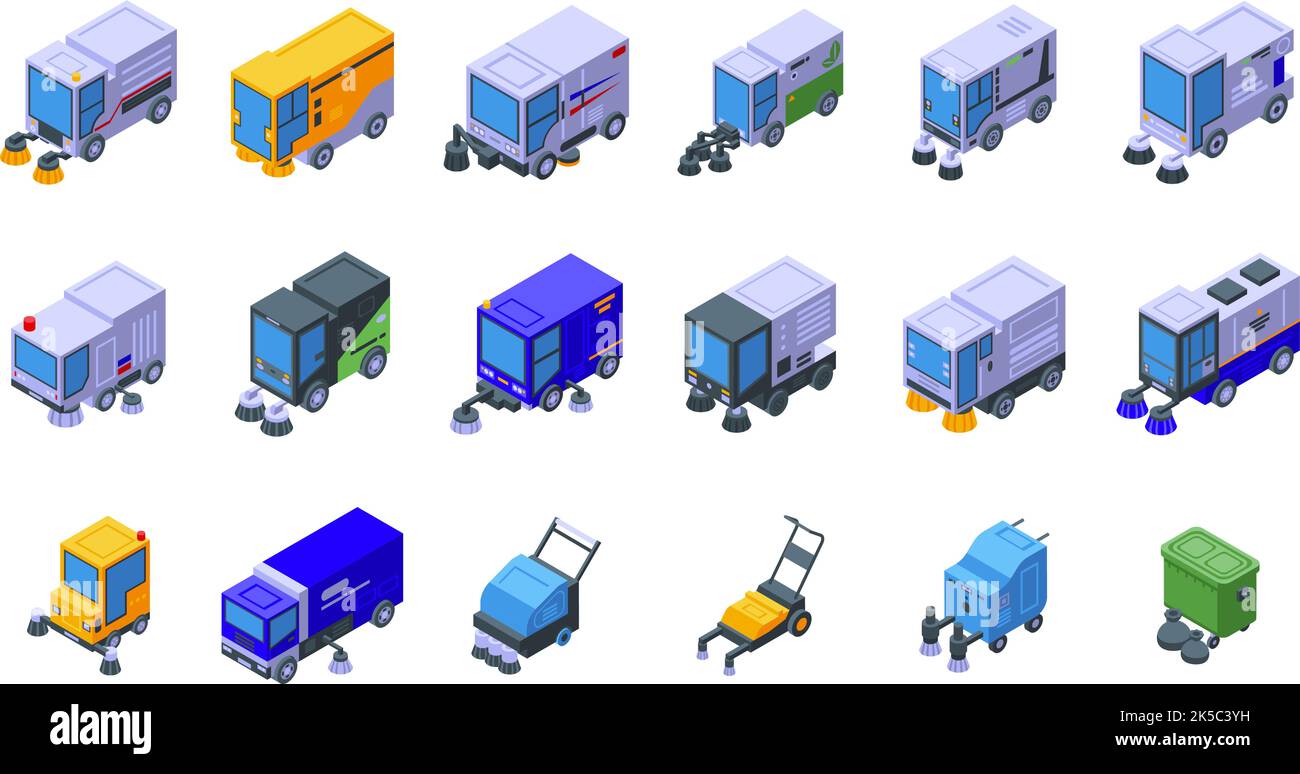 Sweeper icons set isometric vector. Street truck. Machine broom Stock ...