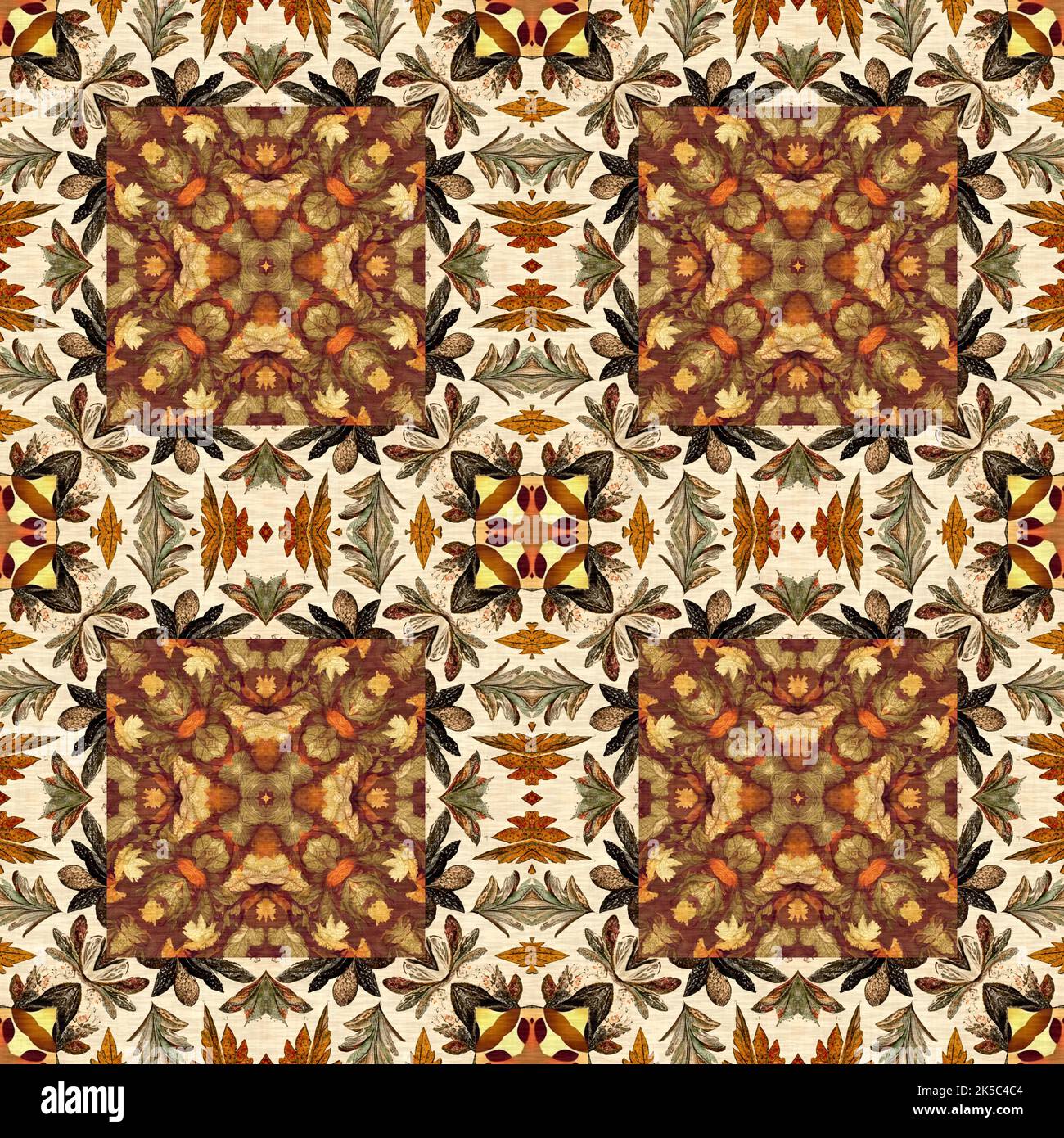 Autumn leaves woodland seamless pattern. Brown retro kaleidoscopic ...