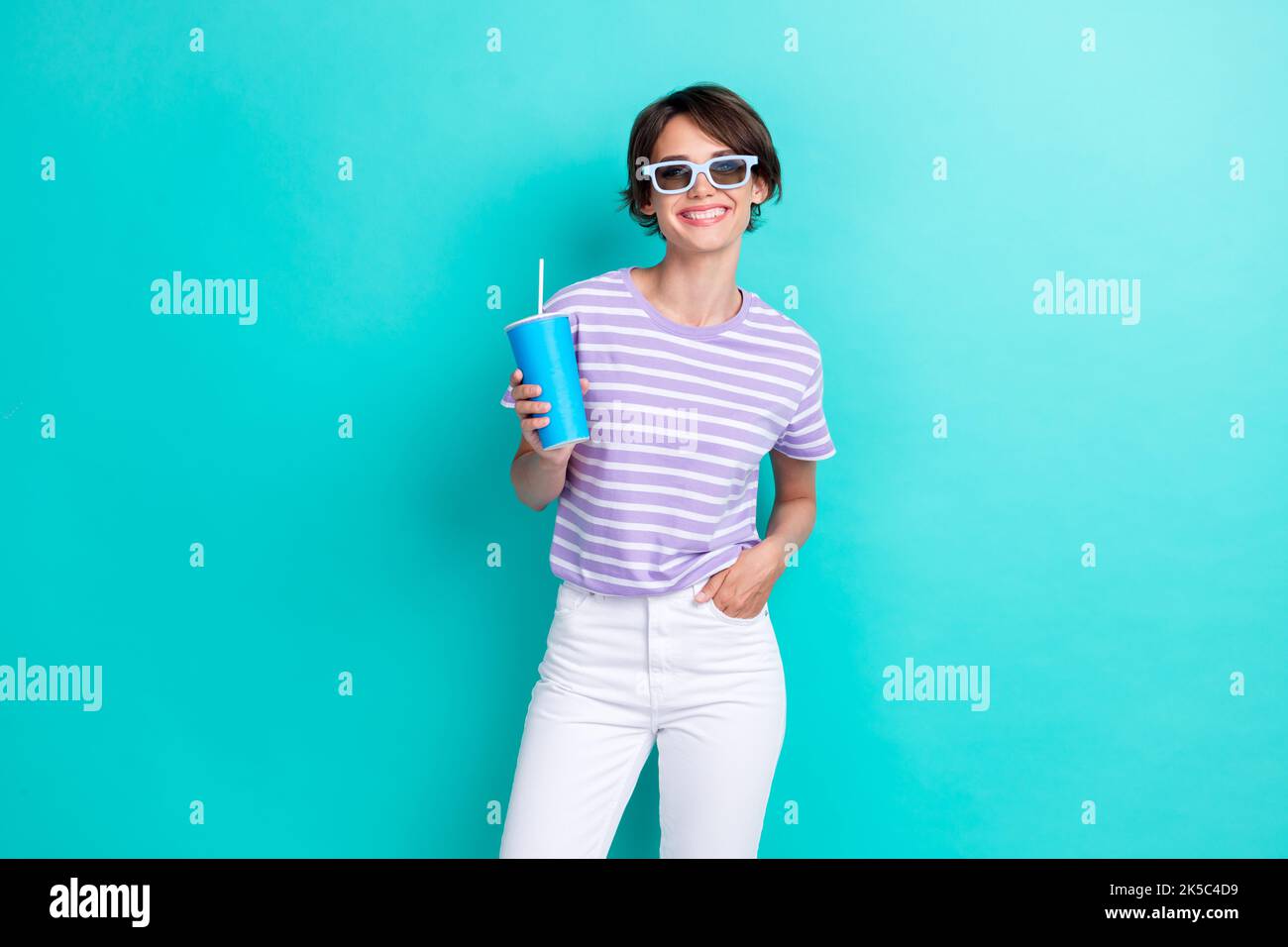 Photo of girlish funny pretty girl with bob hairdo dressed striped t ...