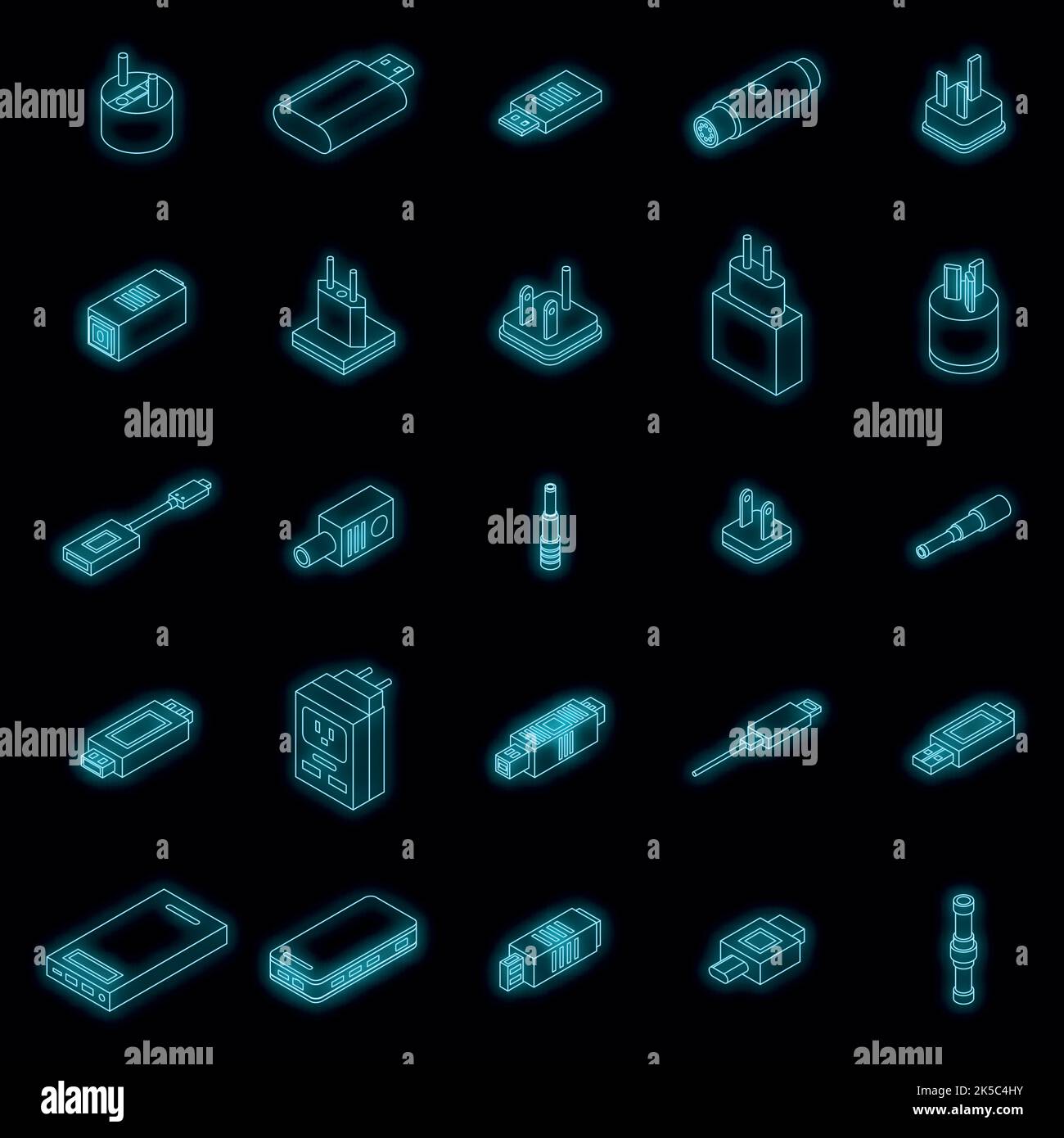 Adapter icons set. Isometric set of adapter vector icons neon on black ...