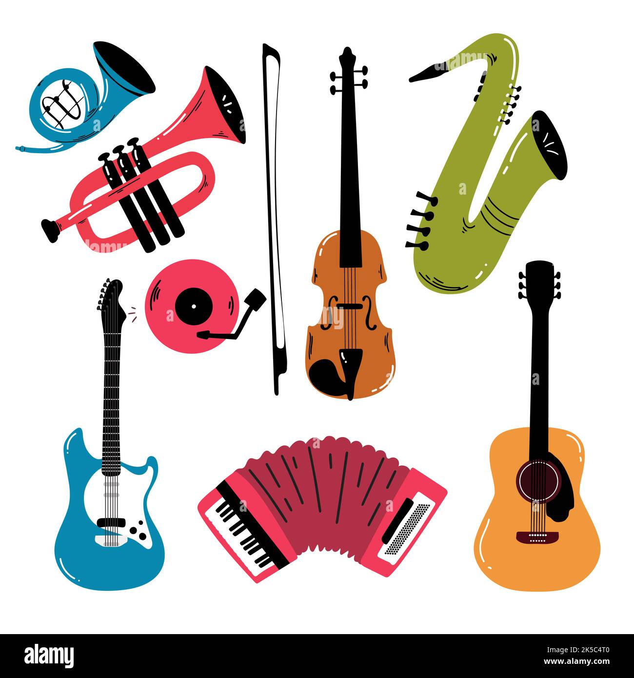 Big collection of cartoon music instruments. Vector illustration Stock ...