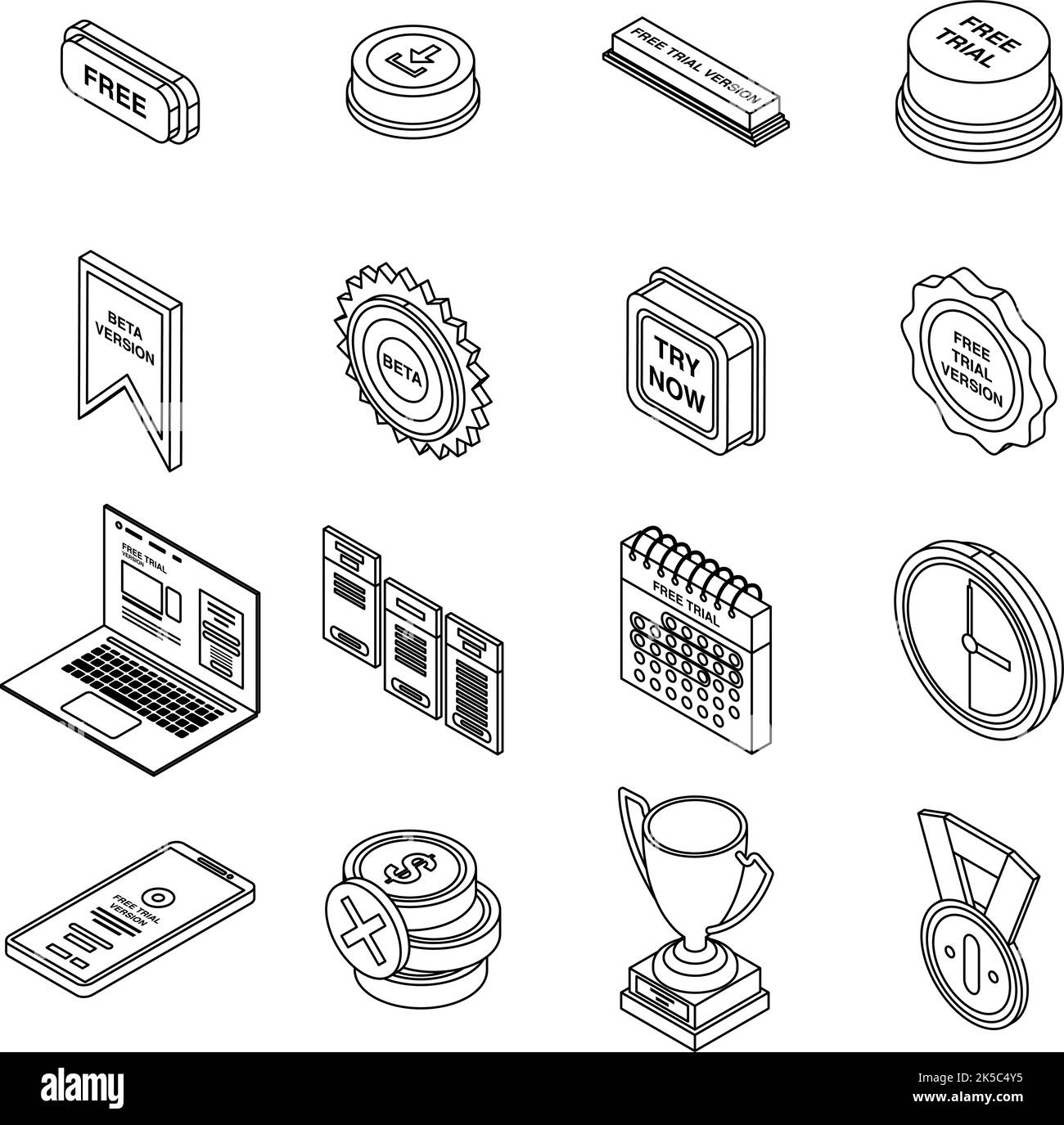 Free trial version icons set. Isometric set of free trial version ...