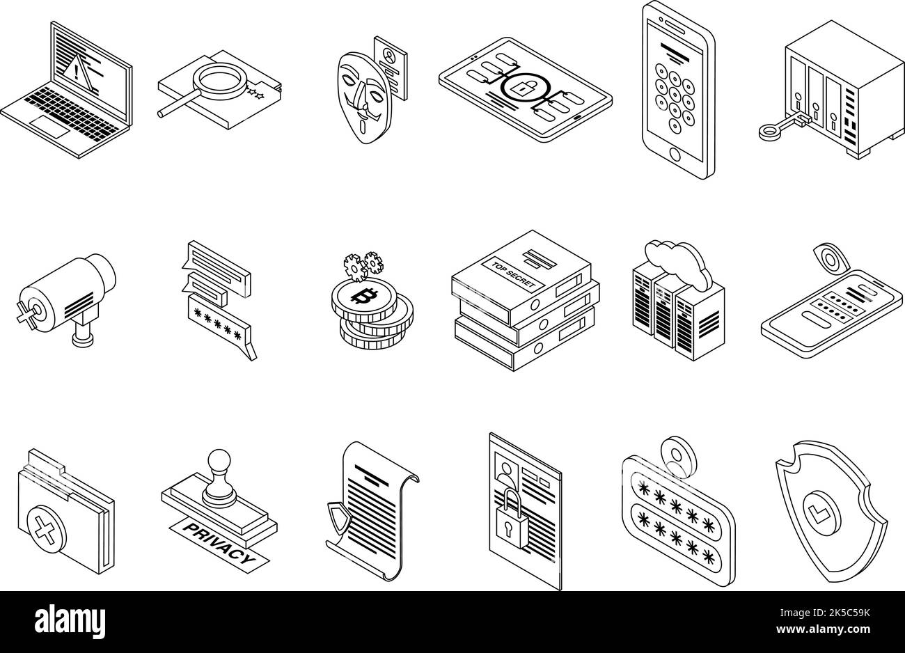 Privacy icons set. Isometric set of privacy vector icons thin line ...