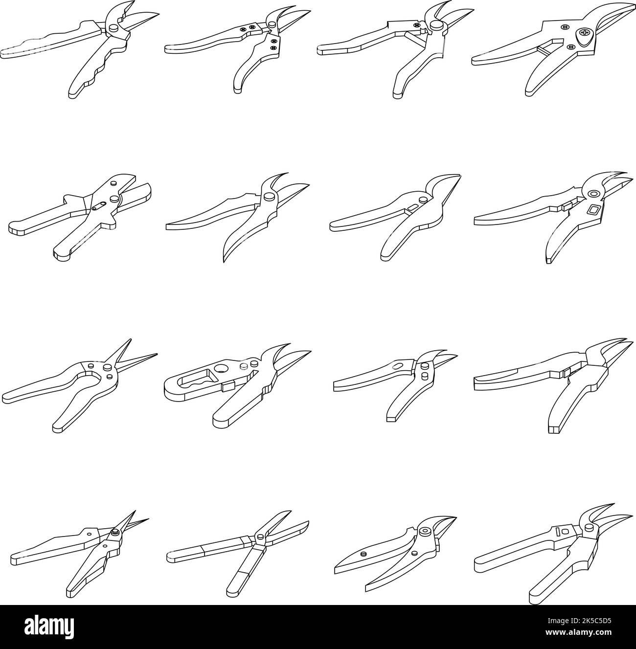 Secateurs icons set. Isometric set of secateurs vector icons thin line ...
